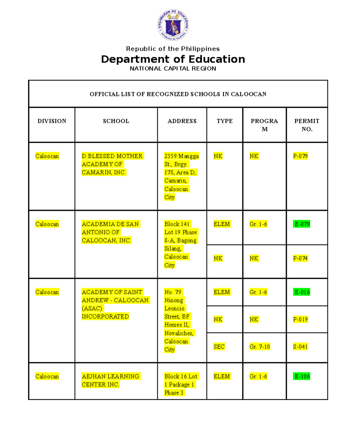 Official List of Recognized Schools in Caloocan (NCR) - Studocu
