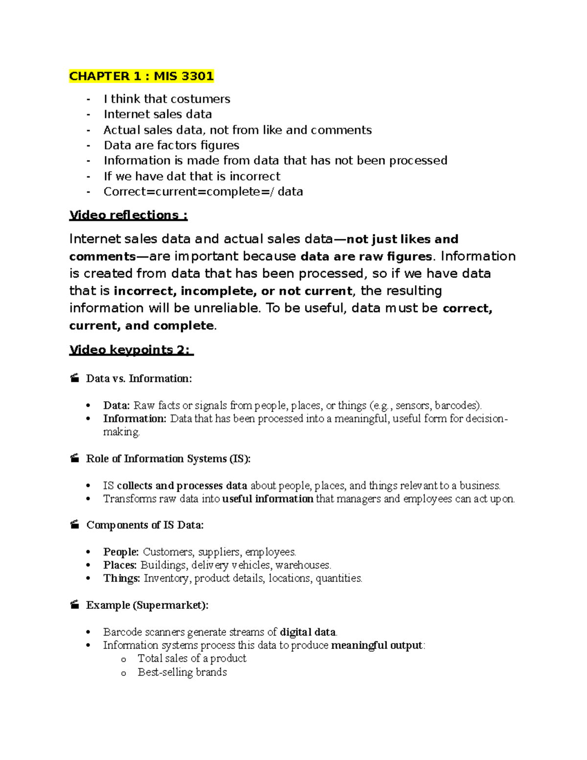 MIS 3301 - Chapter 1: Understanding Data and Information Systems - Studocu