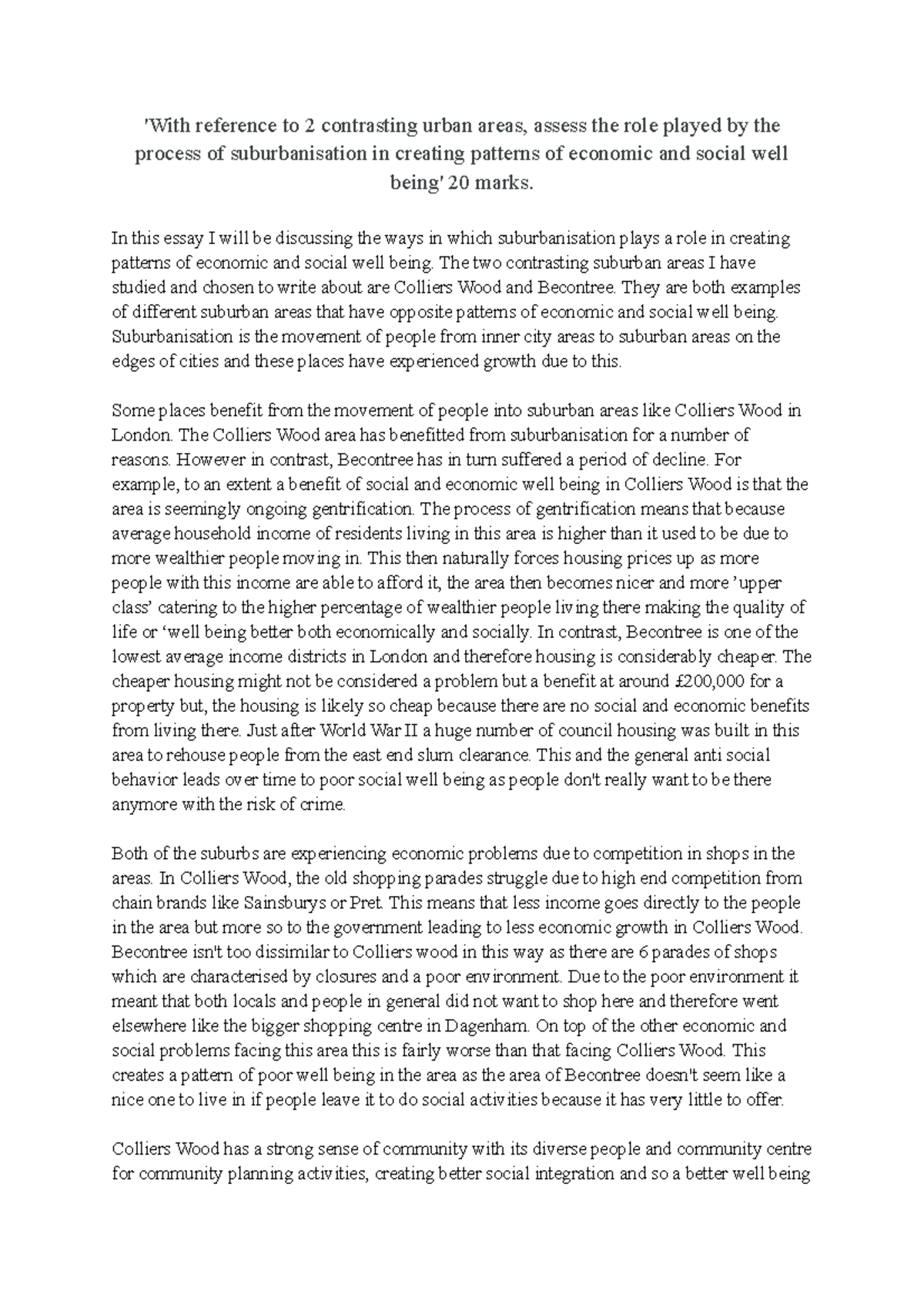 Human Geography 20 marker on suburbanisation - 'With reference to 2 ...