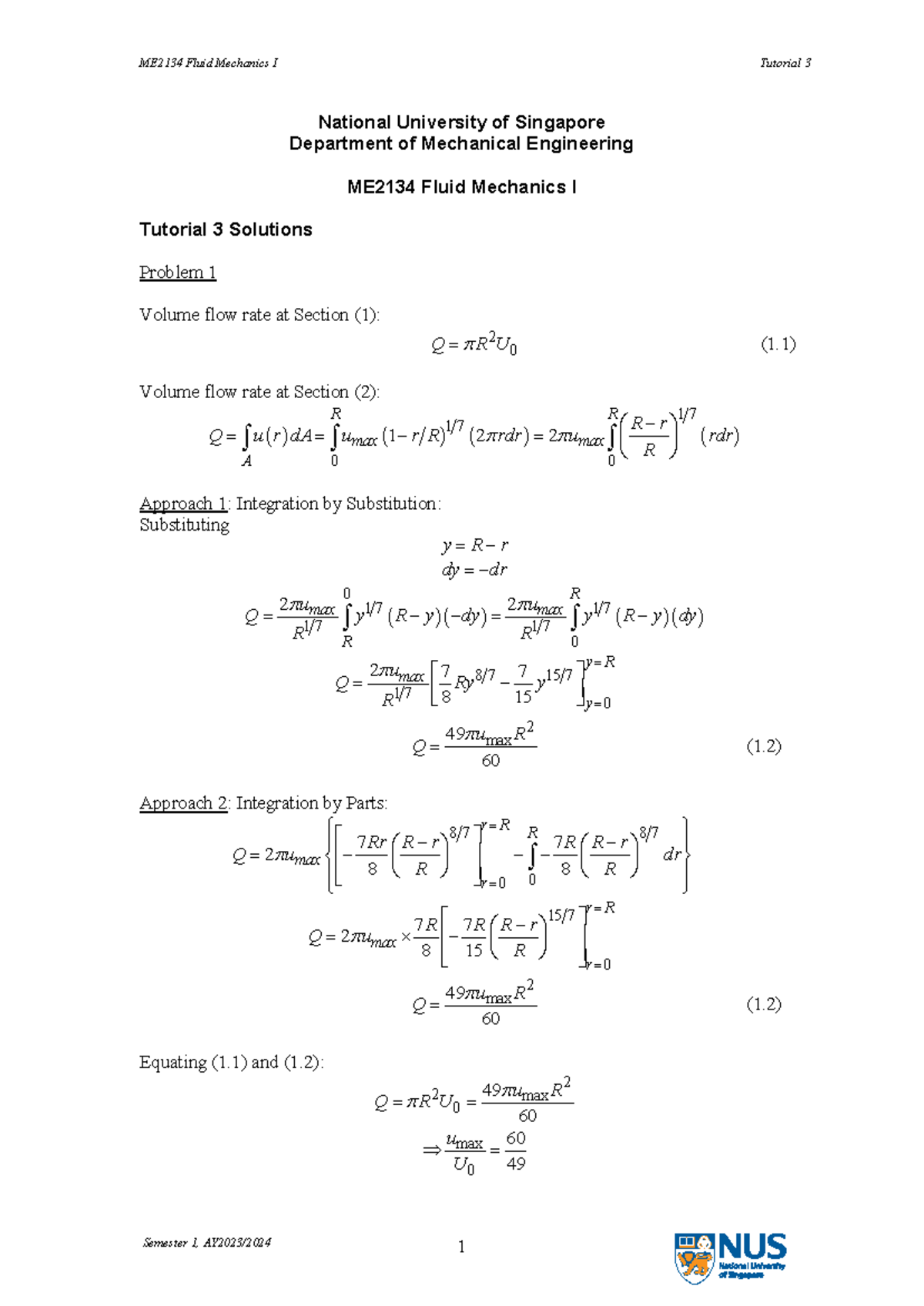 ME2134 Fluid Mechanics I Tutorial 3 Solutions - Semester 1, AY2023 ...