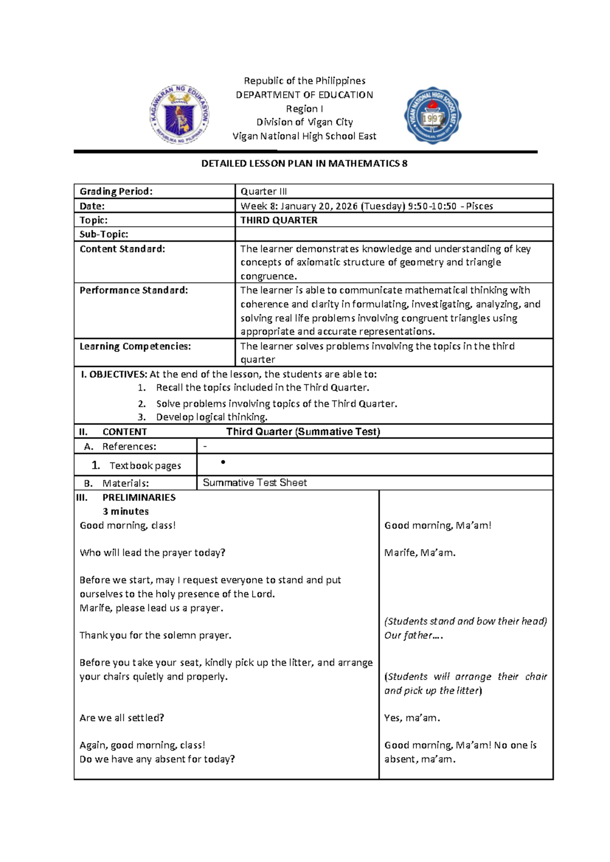 DLP Summative Test in Mathematics 8: Third Quarter Review - Studocu