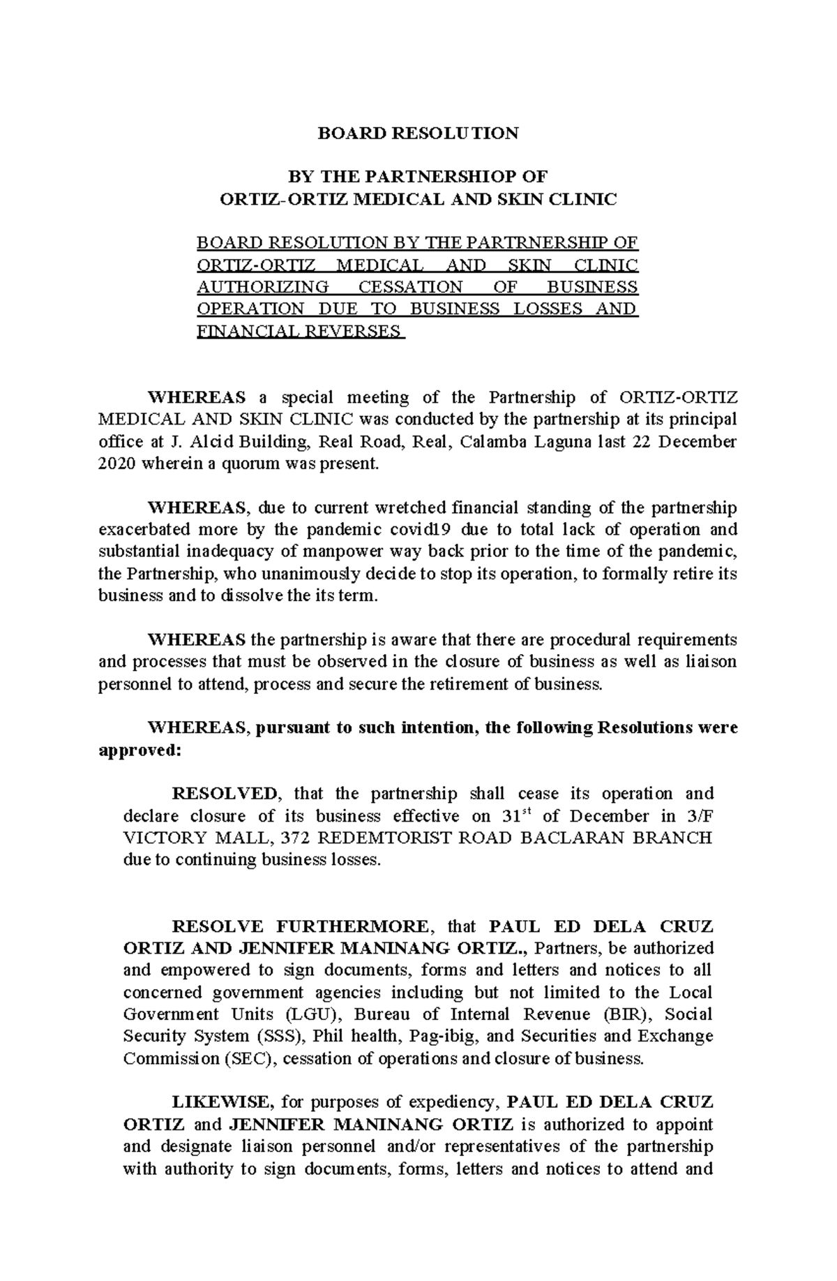 Board Resolution - Cessation of Business for Ortiz-Ortiz Clinic - Studocu