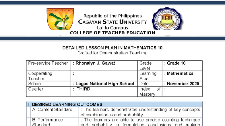 Detailed Lesson Plan in Mathematics 10: Permutation Concepts - Studocu