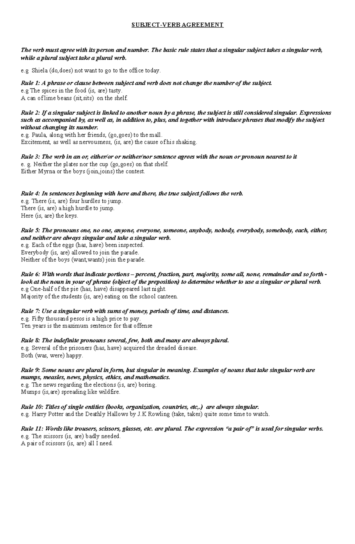 Subject-verb agreement review for English grammar rules - Studocu