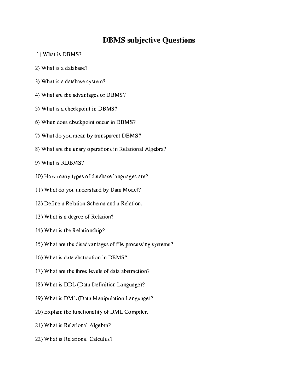 DBMS Subjective Questions: Key Concepts and Definitions - Studocu