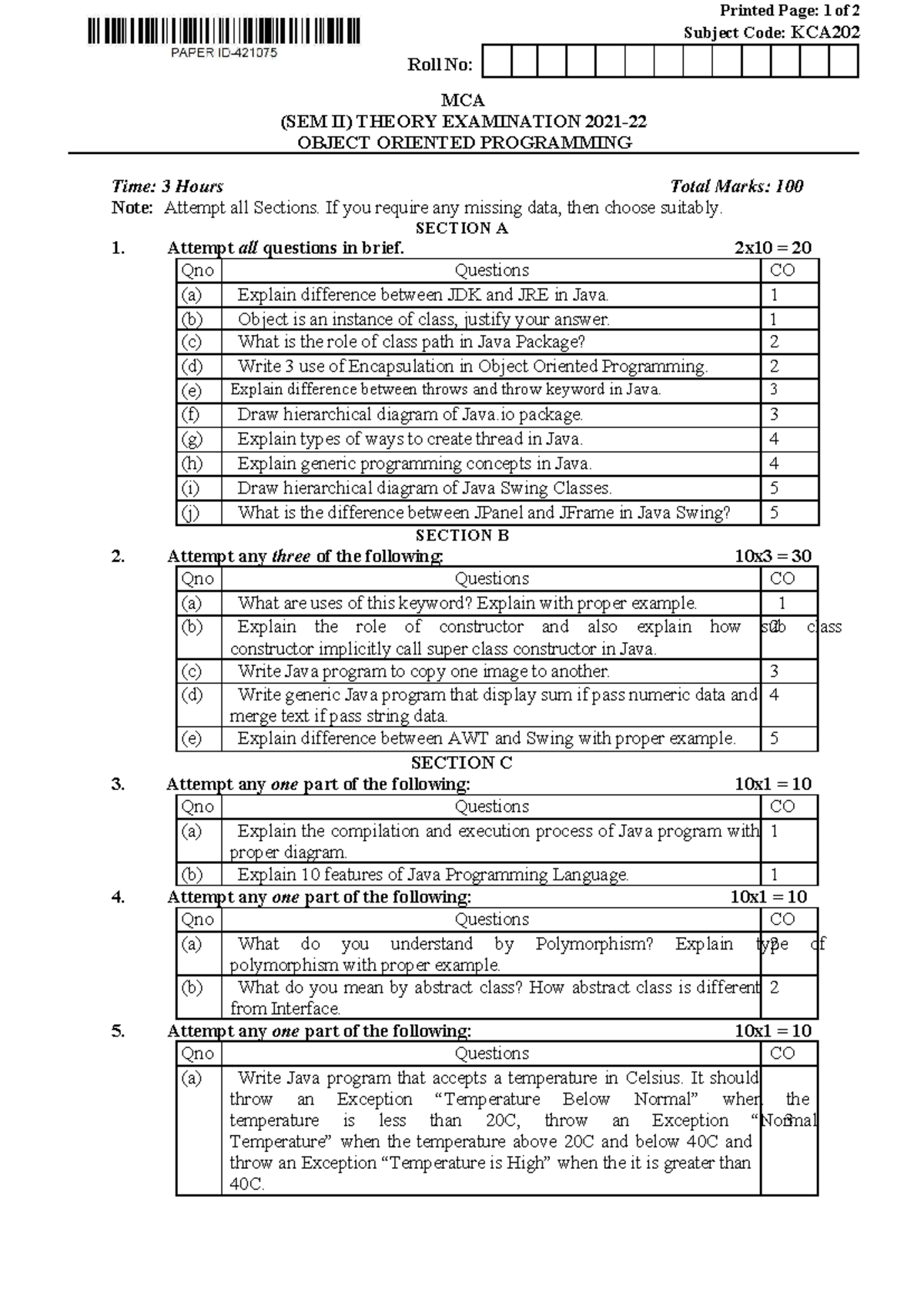MCA II Sem Theory Exam: Object Oriented Programming KCA202 - Studocu