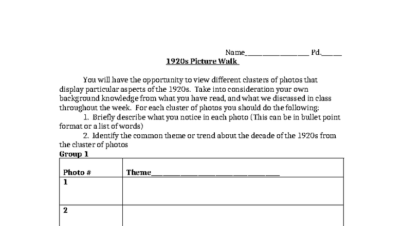 1920s Photo Walk Activity Sheet and Description Guide - Studocu