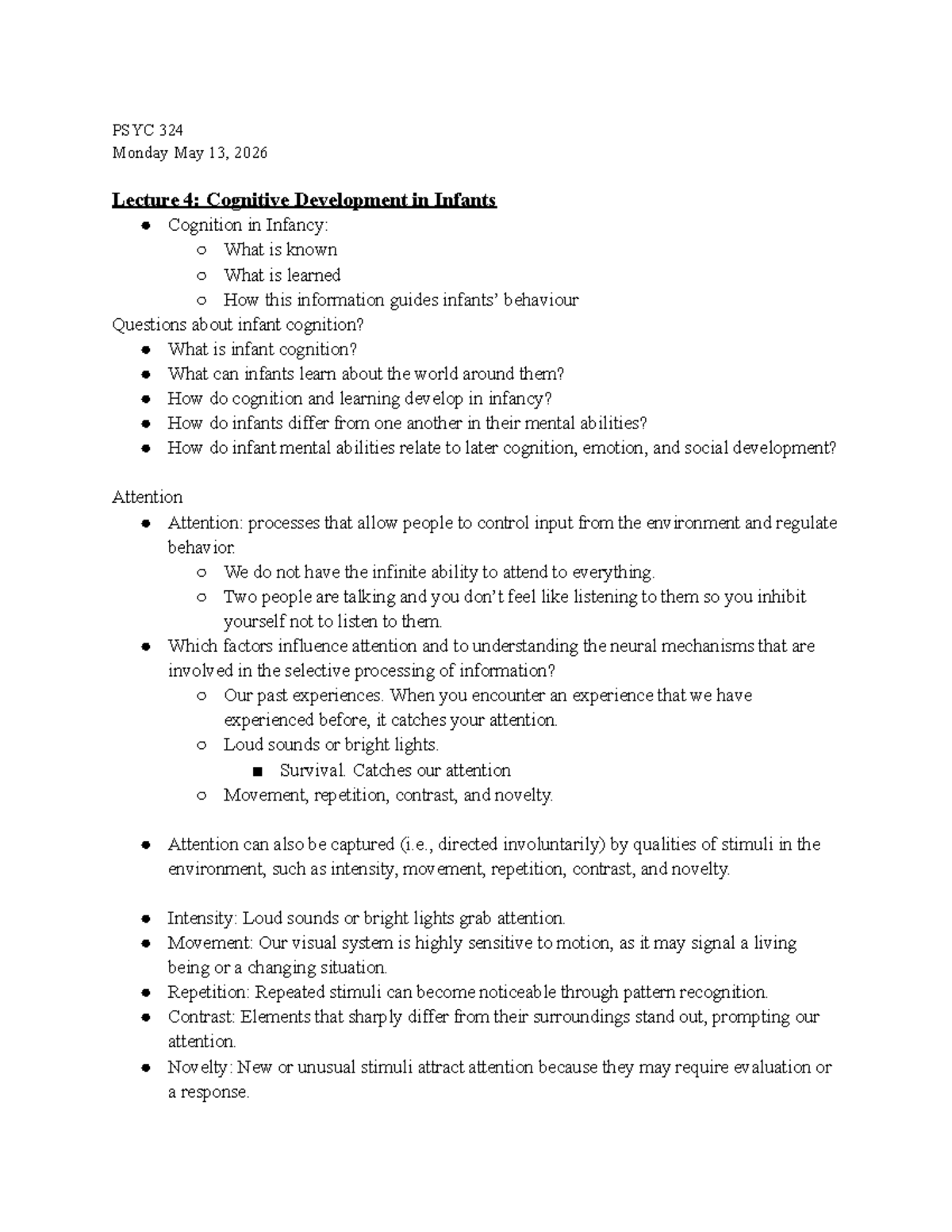 PSYC 324 Lecture 4: Cognitive Development & Attention in Infants - Studocu