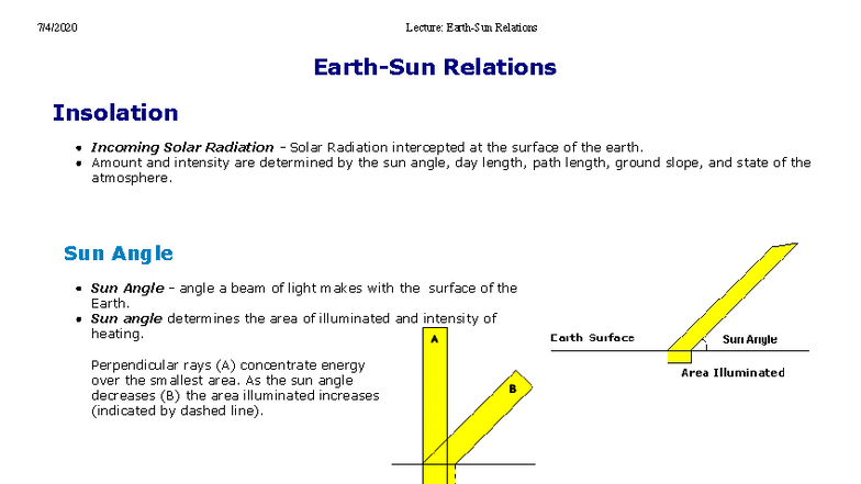 Lecture: 111Earth Sun - Insolation & Solar Radiation Dynamics - Studocu
