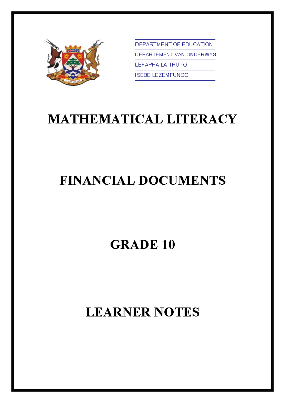 Mathematical Literacy - Grade 10 Financial Documents Learner Notes ...