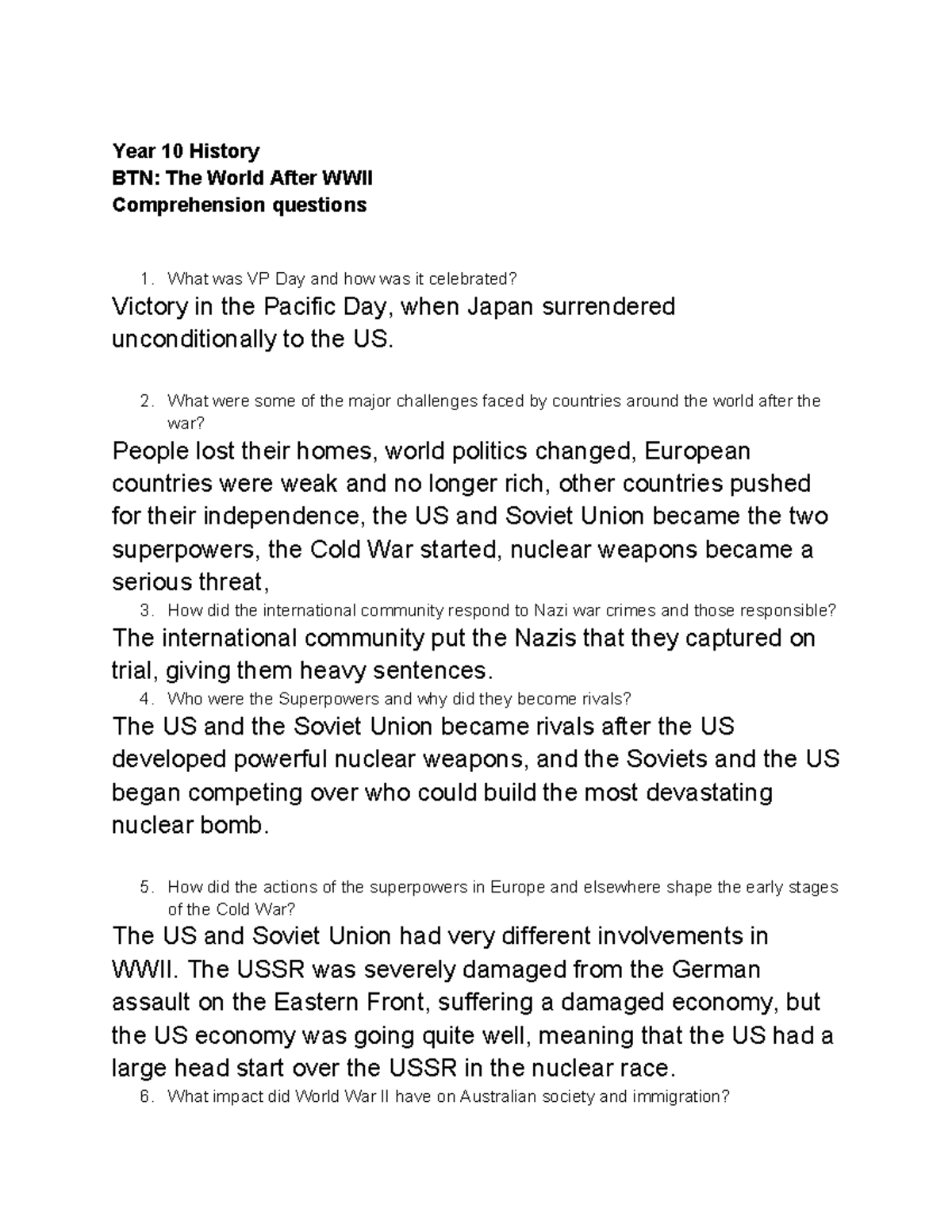Year 10 History BTN: Post-WWII Global Challenges & Superpowers - Studocu