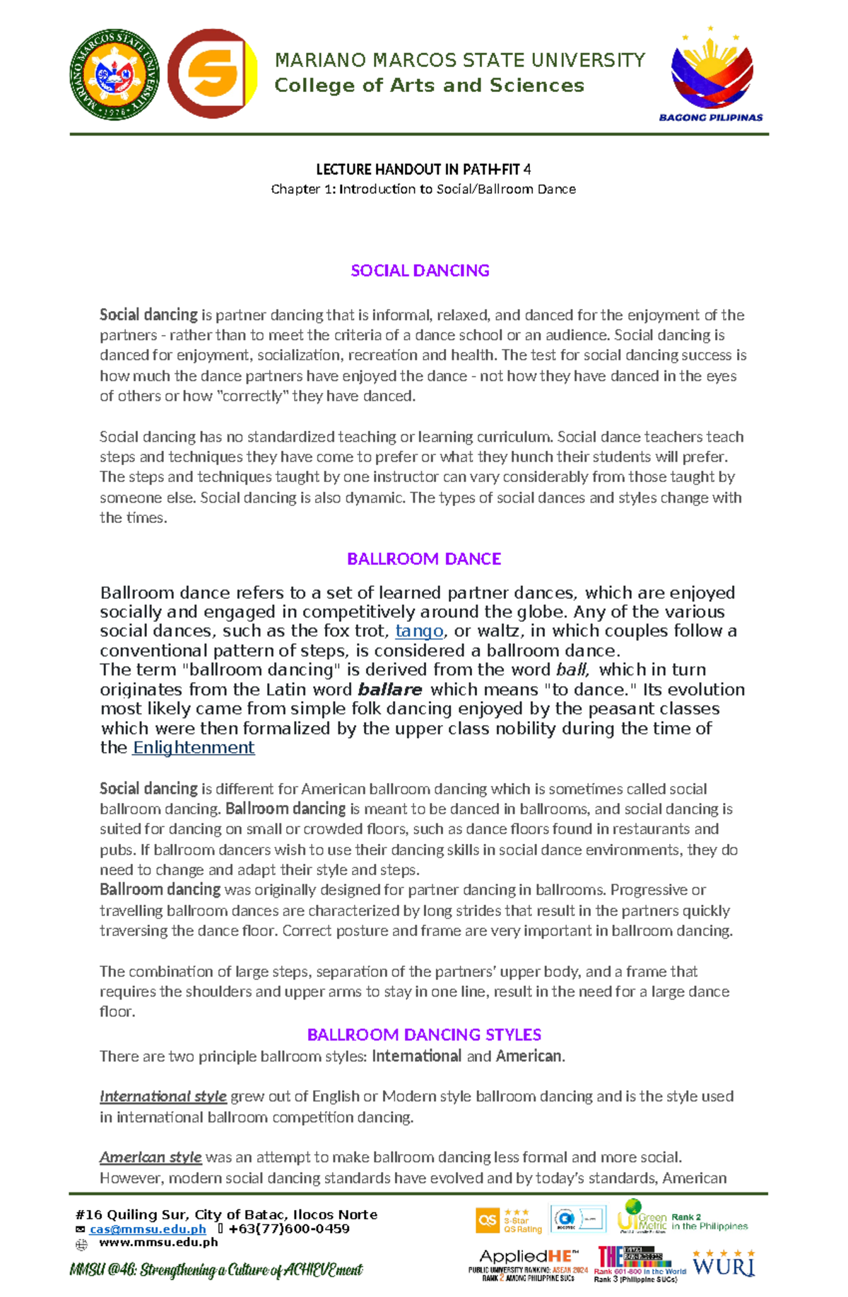 Pathfit-4 Lecture Handout: Chapter 1 - Intro to Social/Ballroom Dance ...