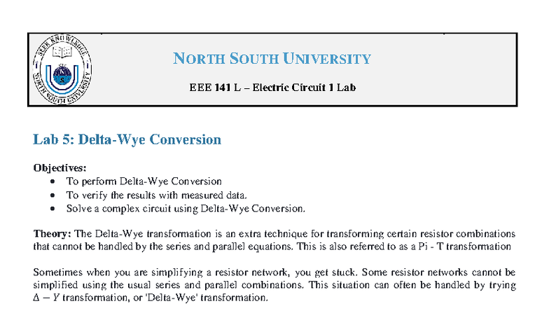 EEE 141 Lab 5: Delta-Wye Conversion in Electric Circuits - Studocu