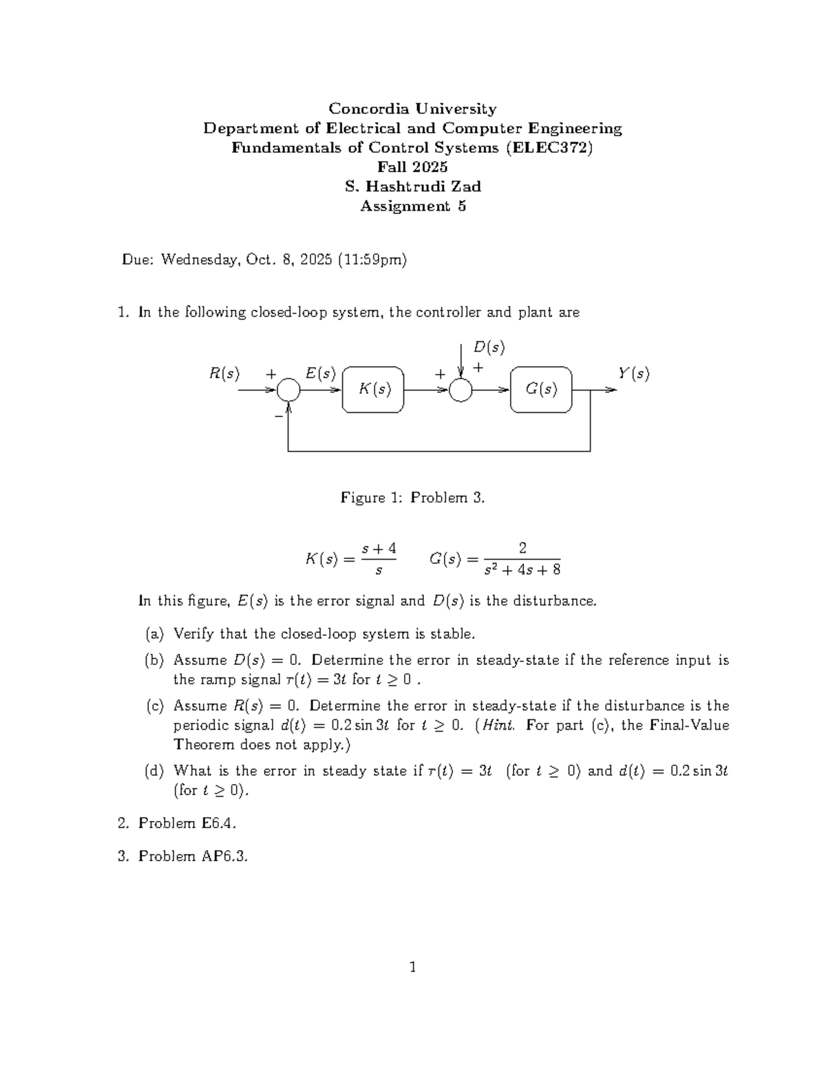 Fundamentals of Control Systems Assignment 5 (ELEC372) Fall 2025 - Studocu