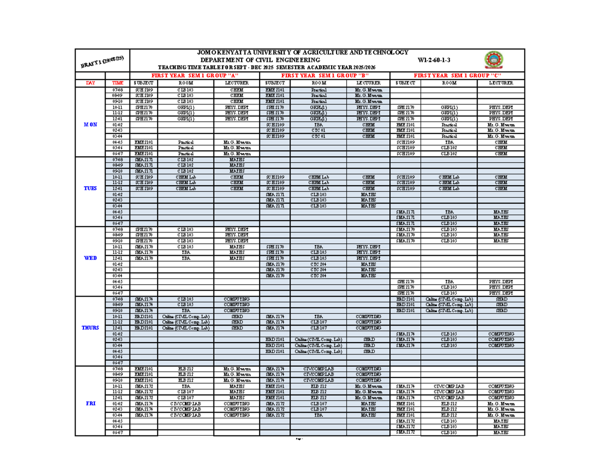 Year 1 Civil Engineering Teaching Timetable (Sept-Dec 2025) - Studocu