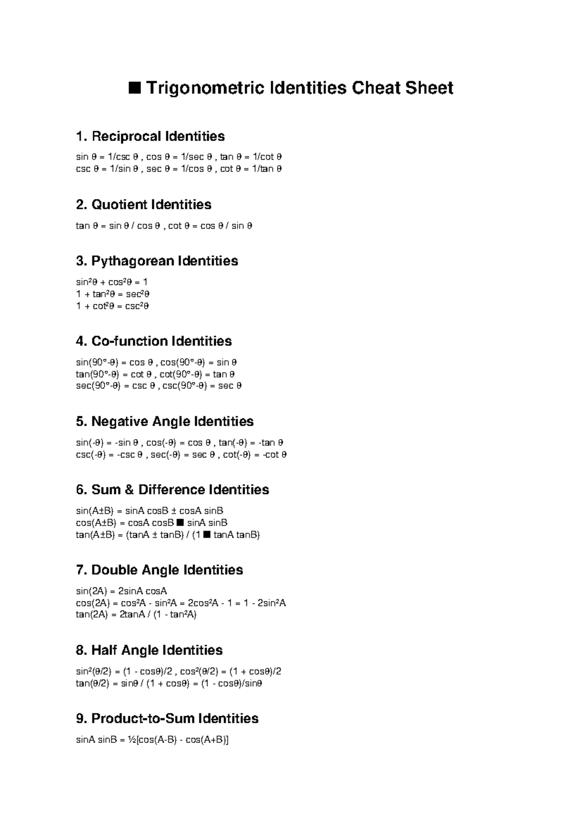 Trigonometric Identities Cheat Sheet: Key Formulas & Concepts - Studocu