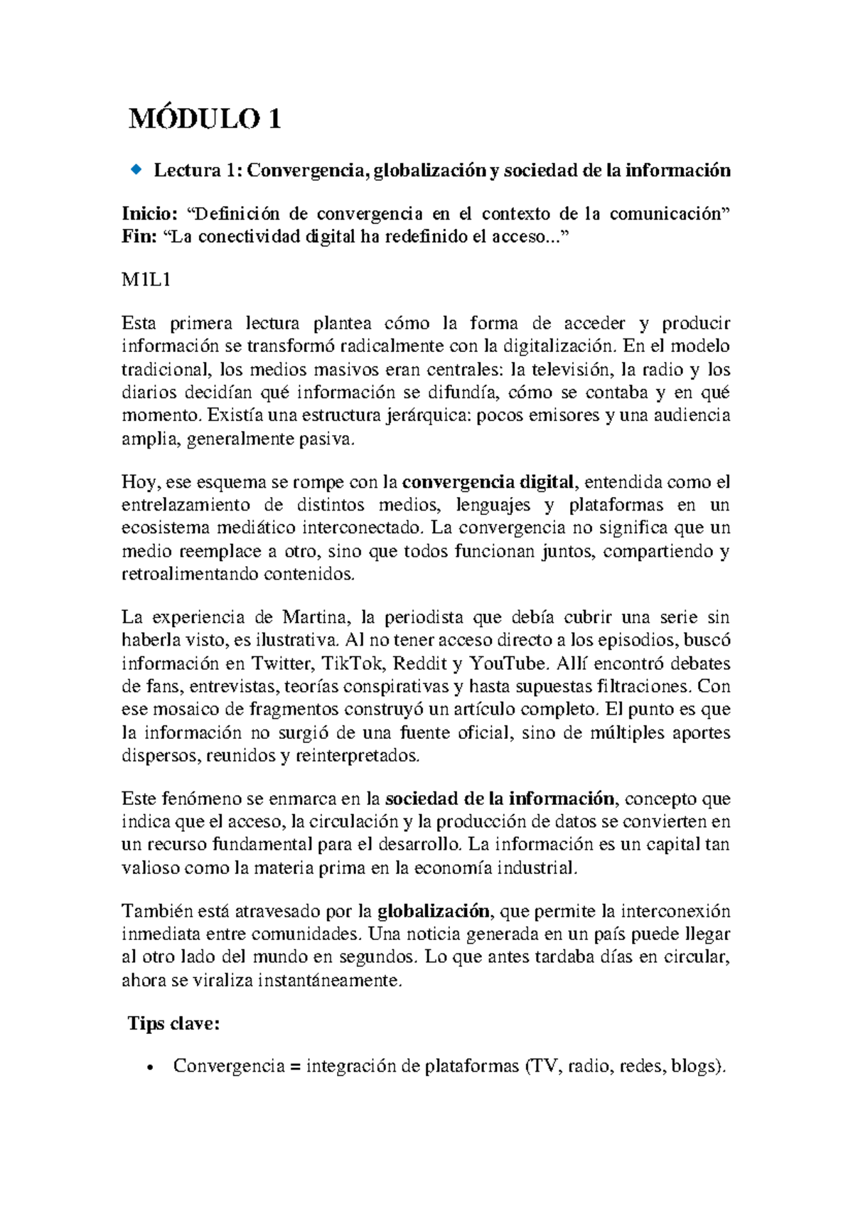 Resumen de Lecturas M1 y M2: Convergencia, Globalización y Comunicación Digital - Studocu