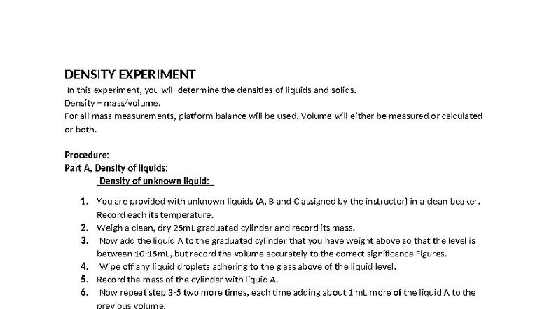 Density Experiment G2 - DENSITY EXPERIMENT In this experiment, you will ...