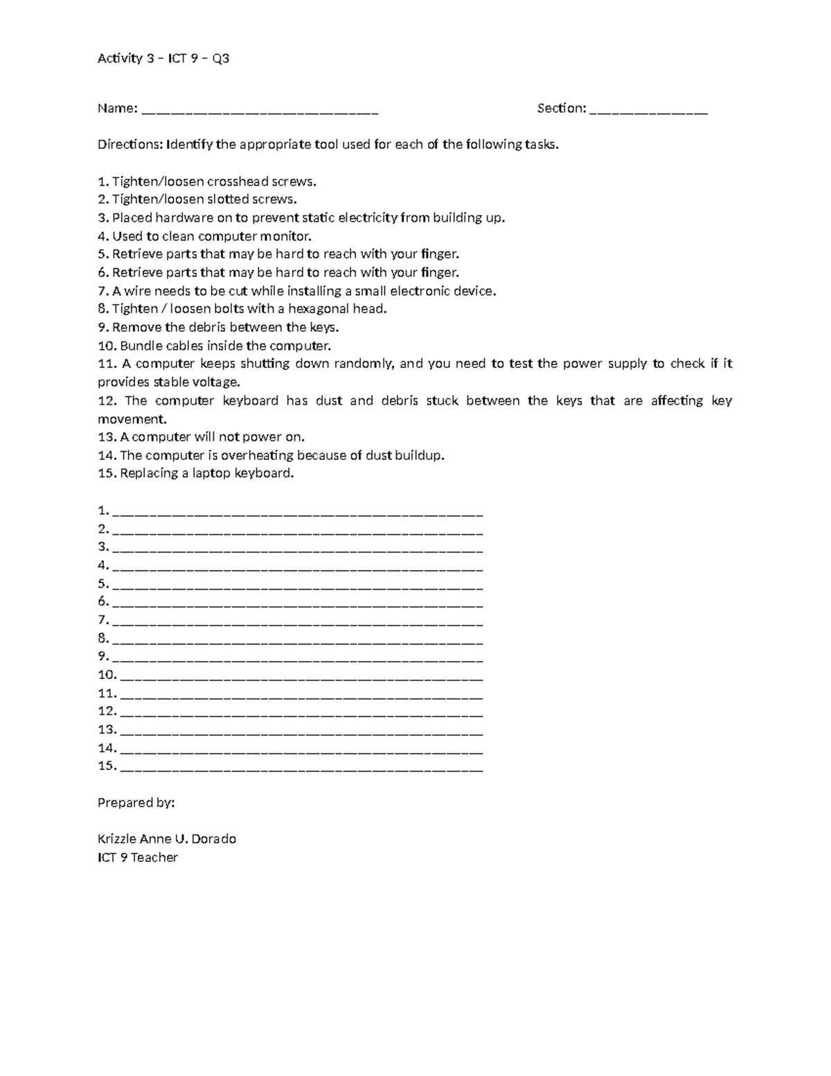 Activity 3 ICT 9 Q3: Tool Identification for Computer Tasks - Studocu