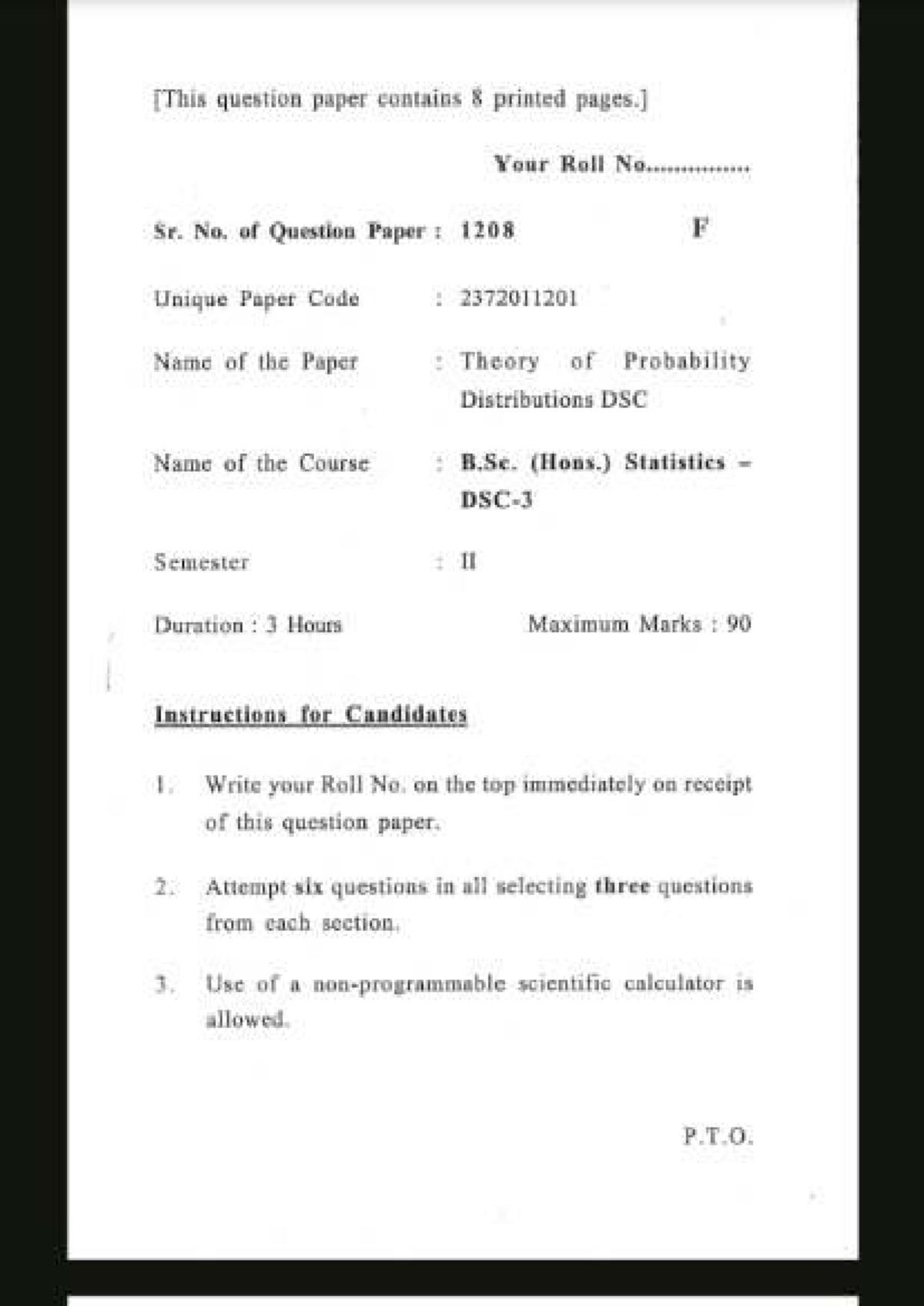B.Sc. (Hons.) Statistics II: Theory of Probability Distributions Exam ...