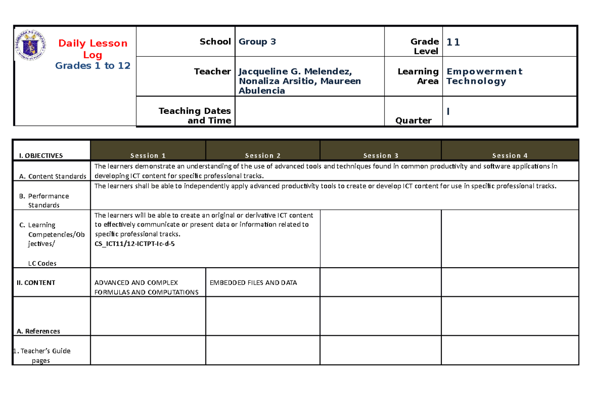 empowerment technology learning plan 1st Q Week4 - Daily Lesson Log ...