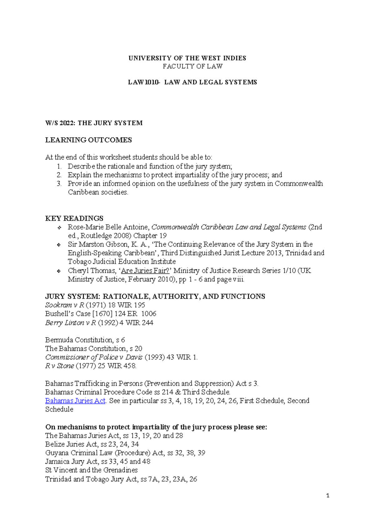 LAW1010: Worksheet on the Jury System - Rationale & Impartiality - Studocu