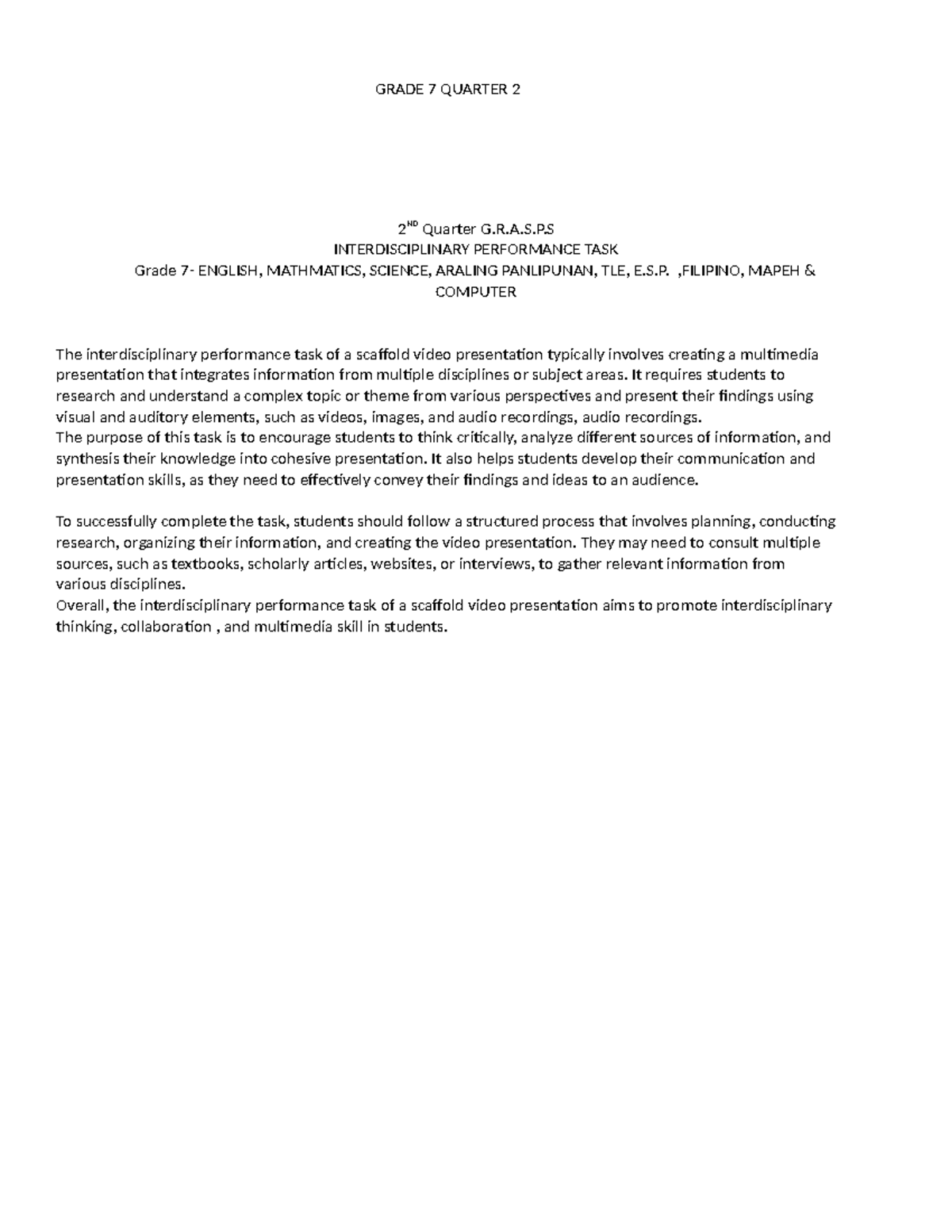 Grasps Interdisciplinary Performance TASK - GRADE 7 QUARTER 2 2 ND ...