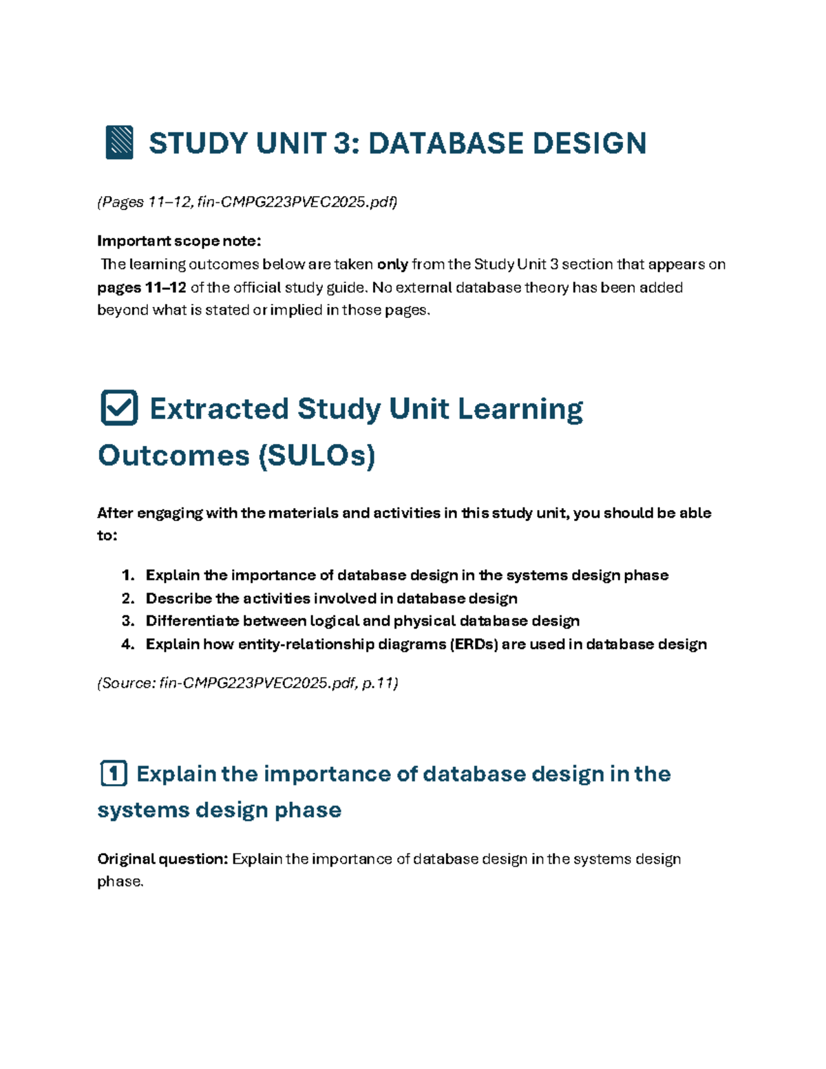 STUDY UNIT 3: DATABASE DESIGN - Key Concepts & Learning Outcomes - Studocu