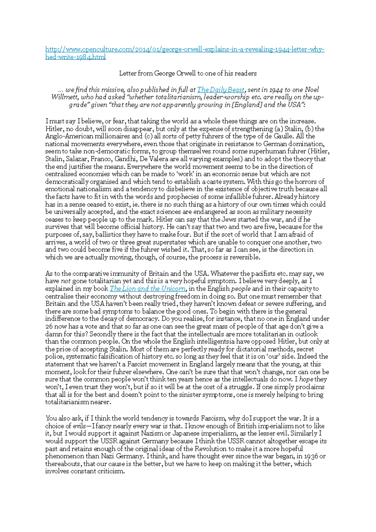Orwell's Letter on Totalitarianism and the Writing of 1984 - Studocu