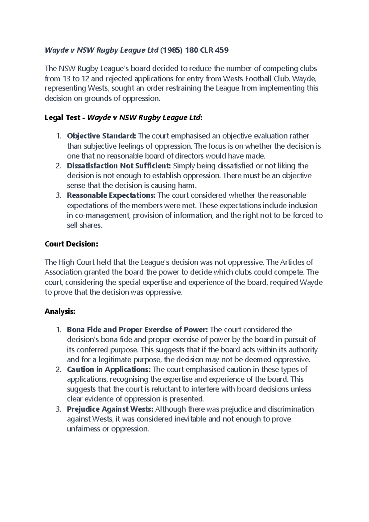 Wayde v NSW Rugby League Ltd - Legal Analysis of Opprsn Case (1985 ...
