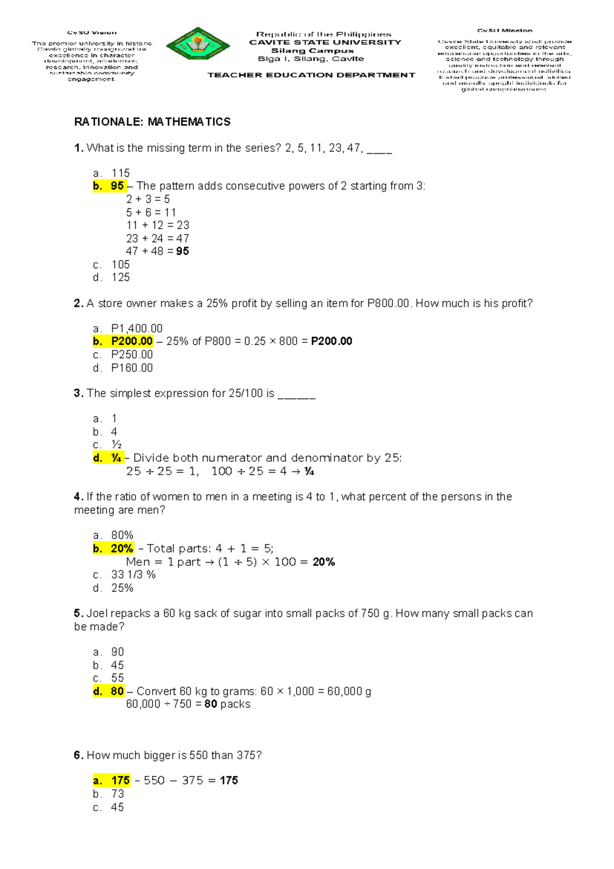 Rationale: Mathematics 1 - Problem Set and Solutions - Studocu