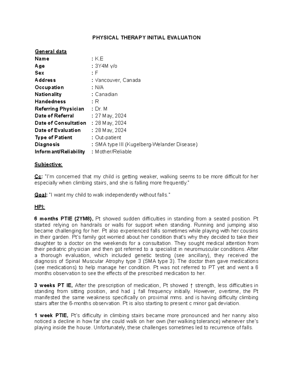 PHYSICAL THERAPY INITIAL EVALUATION (PTIE) for SMA Type 3 - Case Study - Studocu