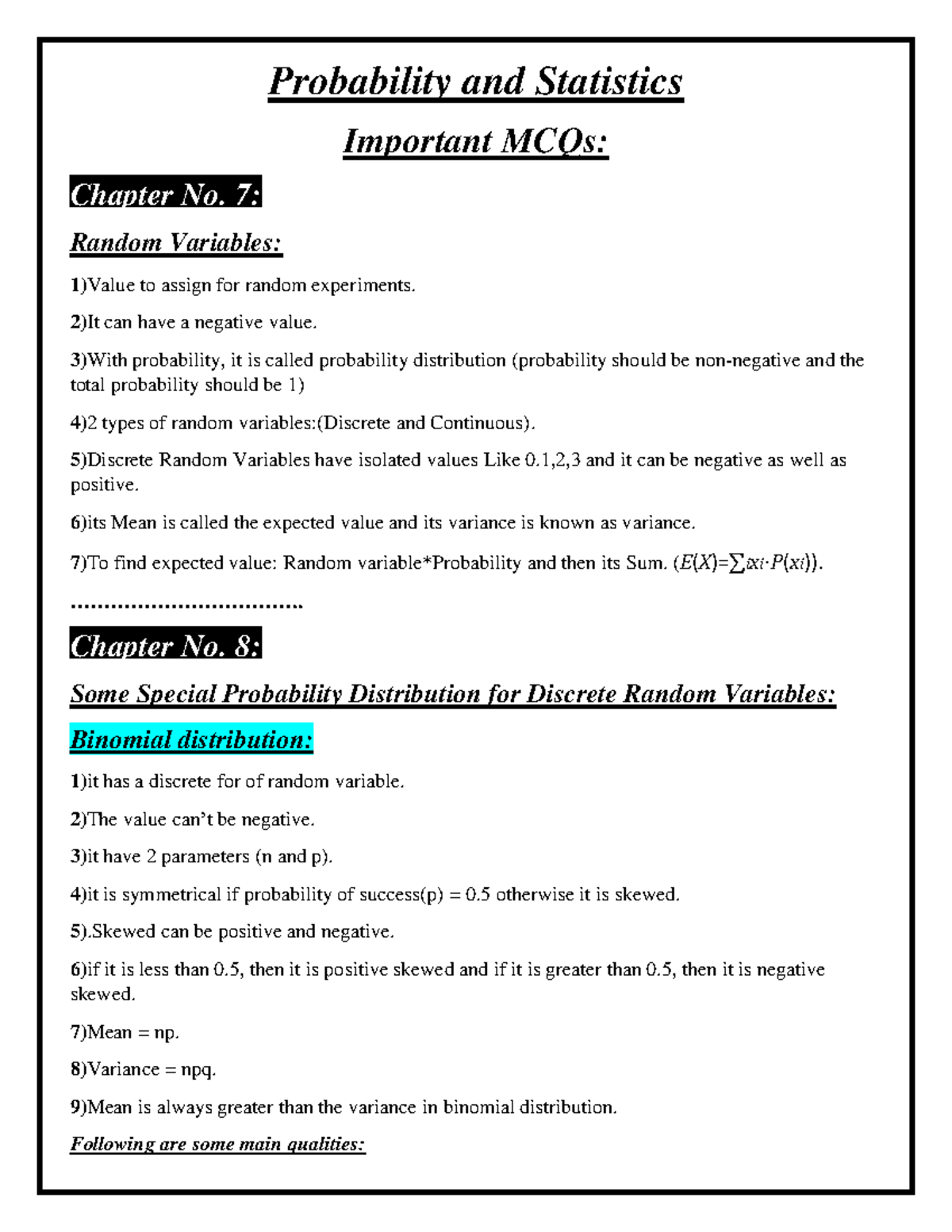 Prob-and-Stats-Imp MCQs for Understanding Key Concepts - Studocu