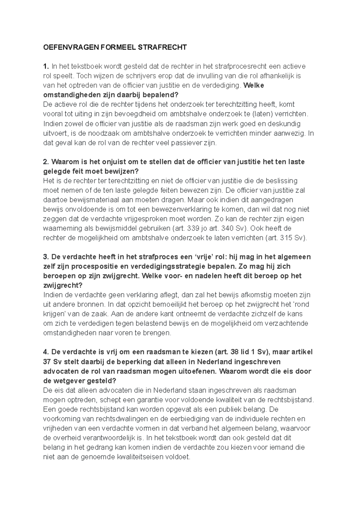 Oefenvragen Formeel Strafrecht LE 1: Rol van de Rechter en ...