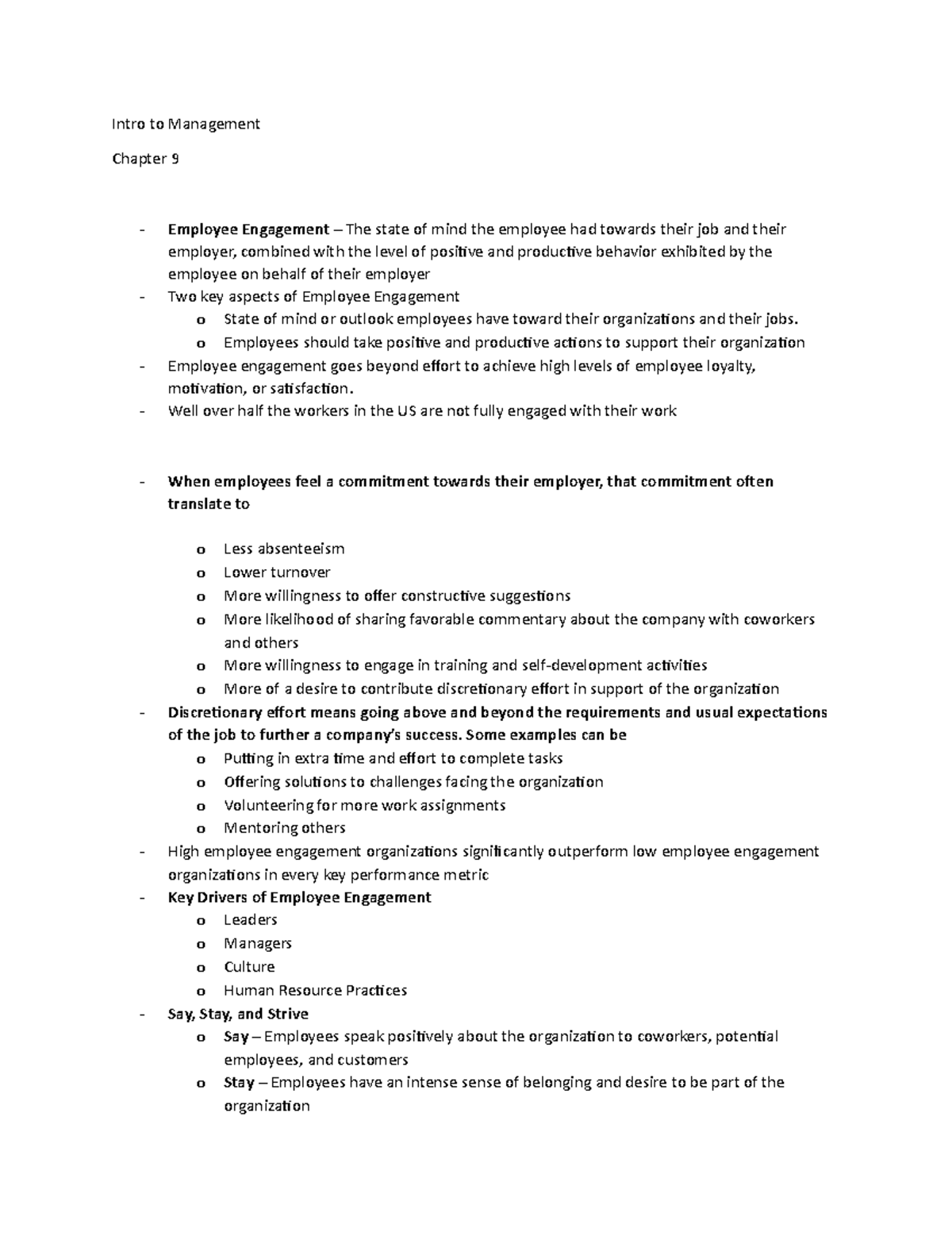 Management chapter 9 study guide - Intro to Management Chapter 9 Employee Engagement – The state ...