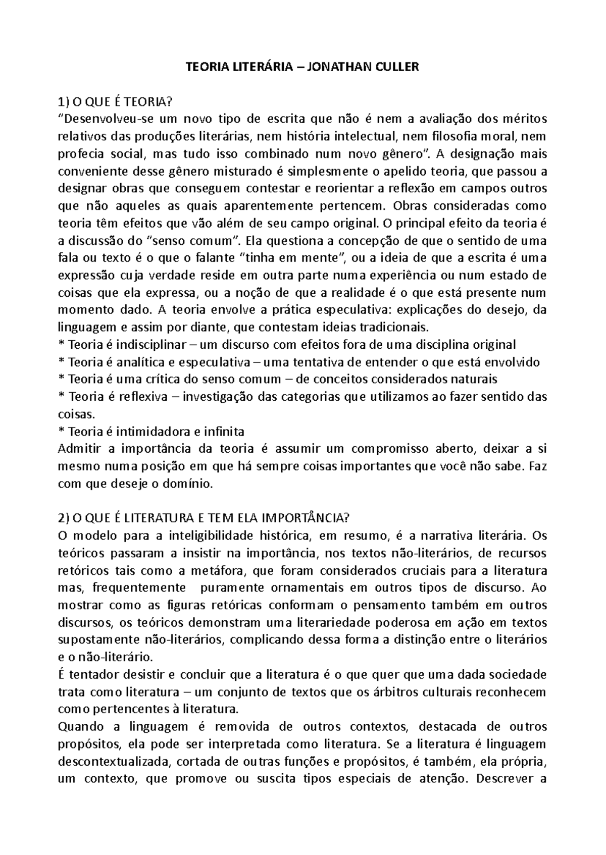 Resumo da Teoria Literária Segundo Jonathan Culler - Studocu