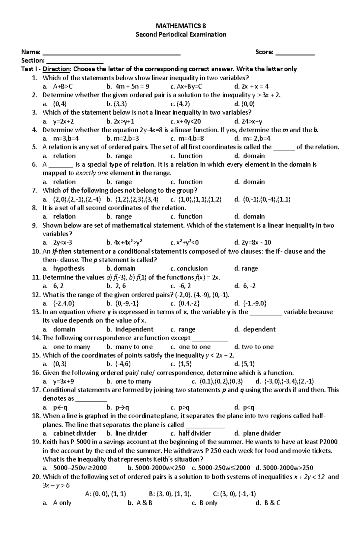Math 8 2nd Exam Final Review Notes: Key Concepts and Practice - Studocu