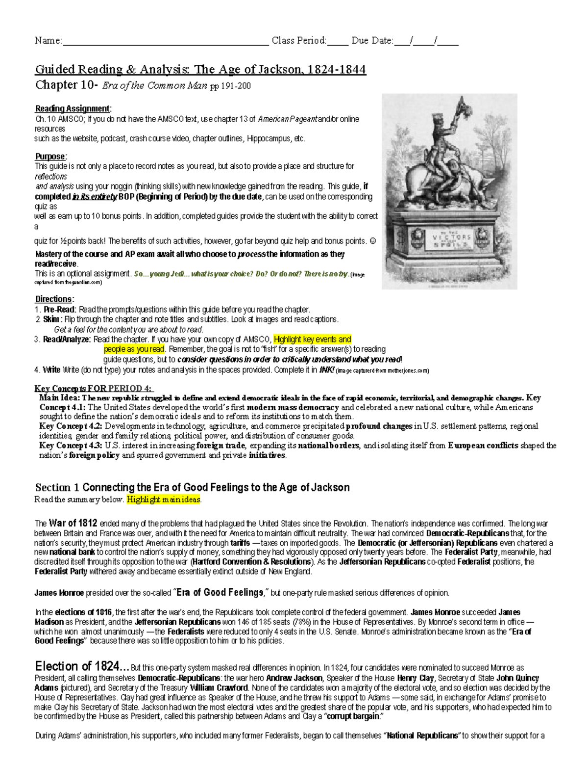 Guided Reading AMSCO Chapter 10: The Age of Jackson Analysis - Studocu