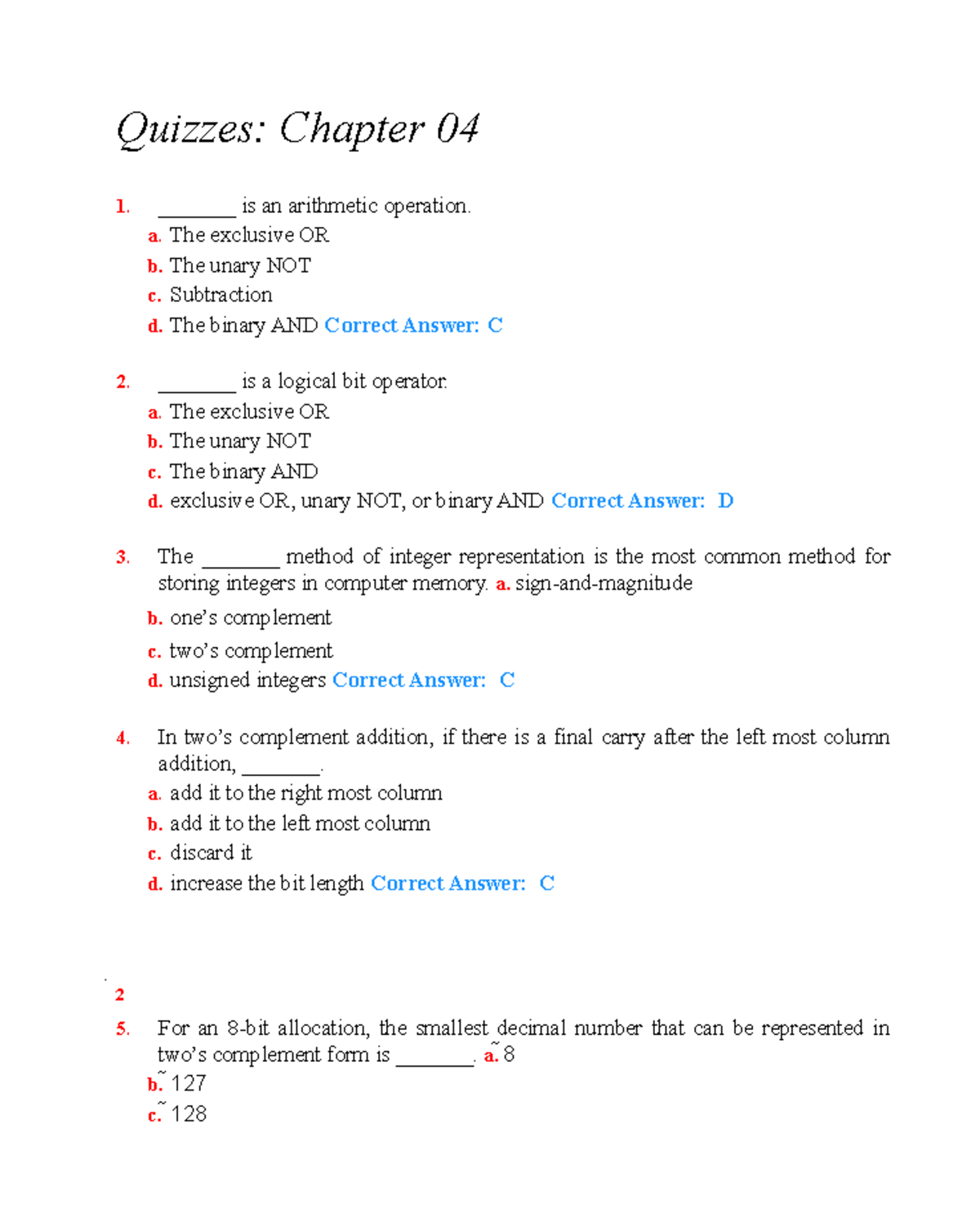 QUIZ csi 124125546361361453154 - Quizzes: Chapter 04 1. _______ is an arithmetic operation. a ...