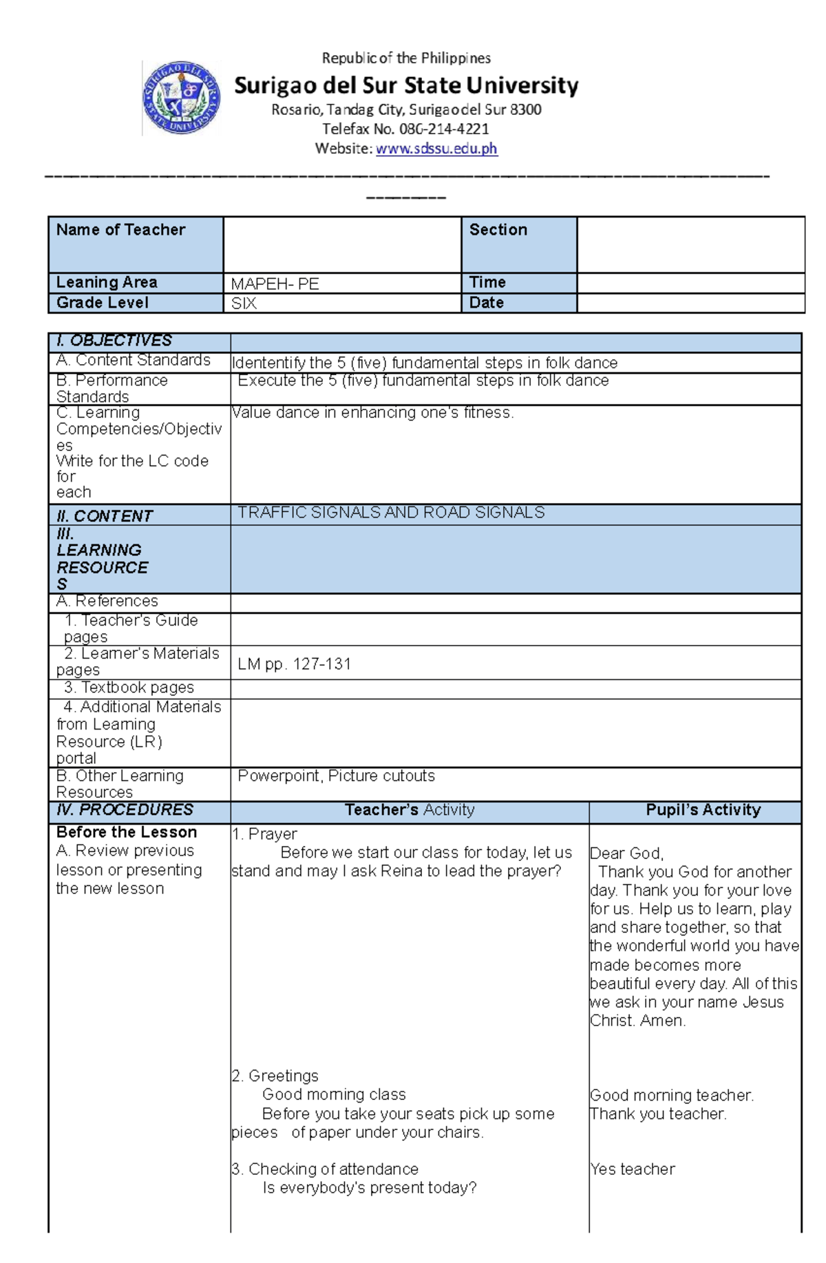 Detailed Lesson Plan in PE6: Folk Dance Fundamentals for Grade 6 - Studocu