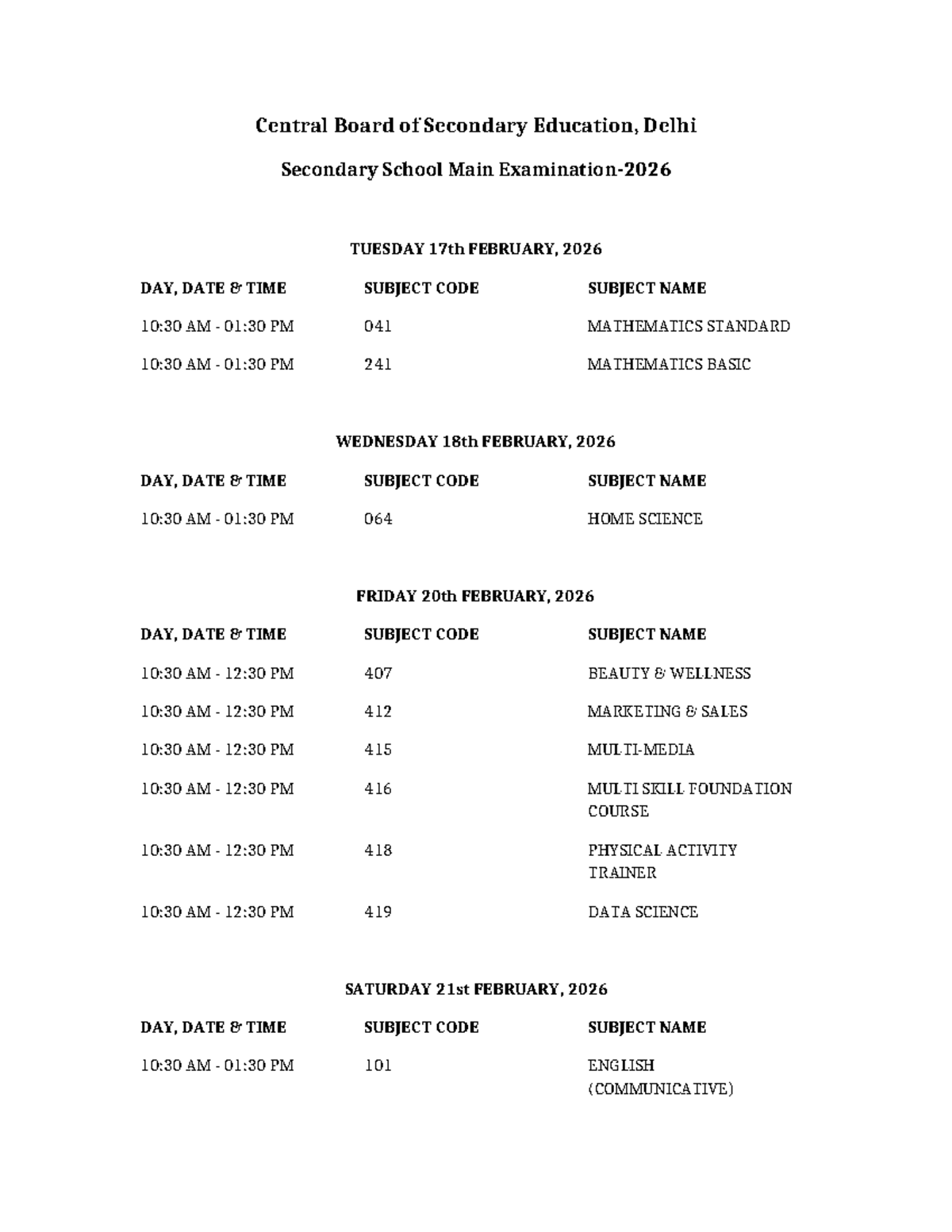 CBSE Date Sheet 2026: Exam Schedule for Secondary School - Studocu