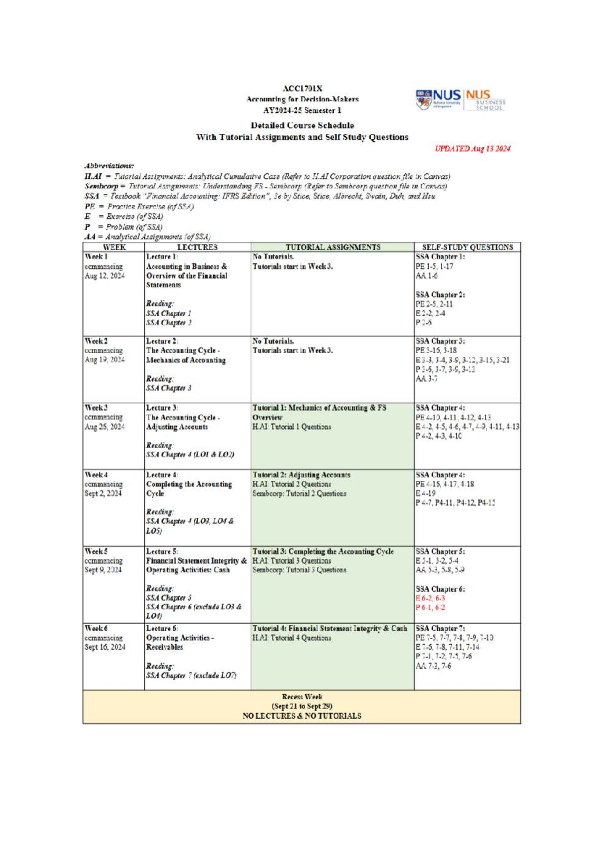 ACC1701X NUS Accounting for Business Semester 1 Detailed Schedule - Studocu