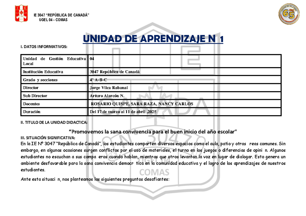 Unidad 1 Cuarto Grado 1 final - UGEL 04 - COMAS UNIDAD DE APRENDIZAJE N° 1 I. DATOS INFORMATIVOS ...