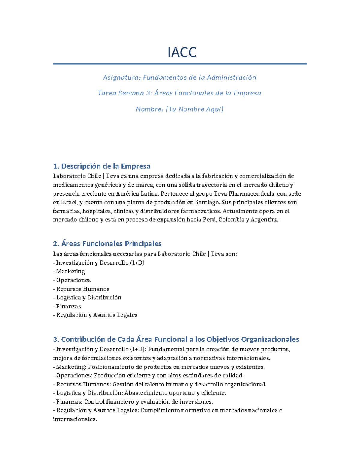 IACC Tarea S3: Áreas Funcionales en Laboratorio Chile Teva - Studocu