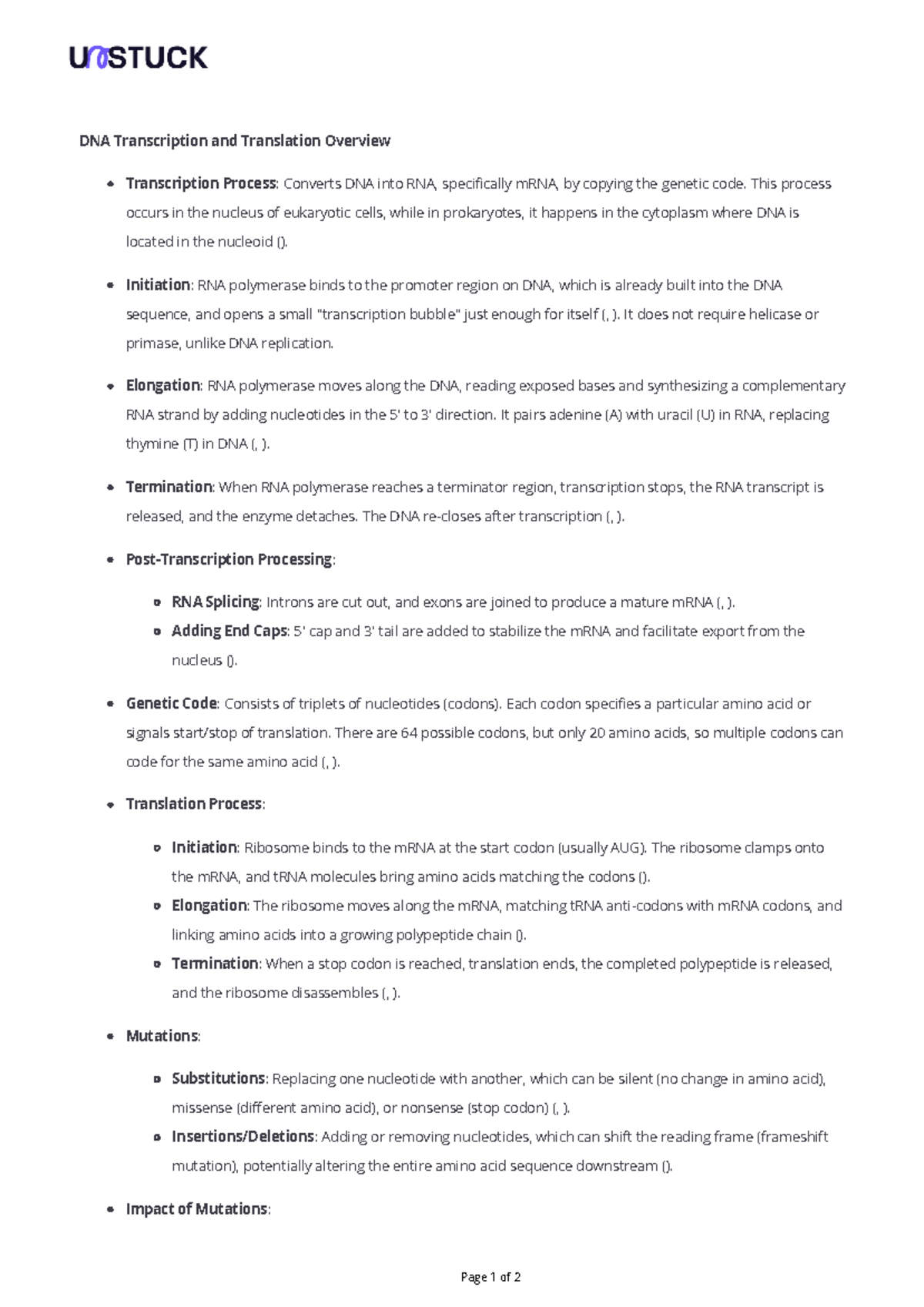DNA Transcription & Translation Overview: Key Processes & Mutations - Studocu