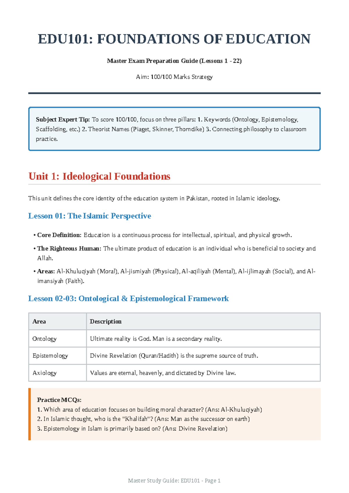 EDU101: Master Exam Prep Guide for Foundations of Education - Studocu