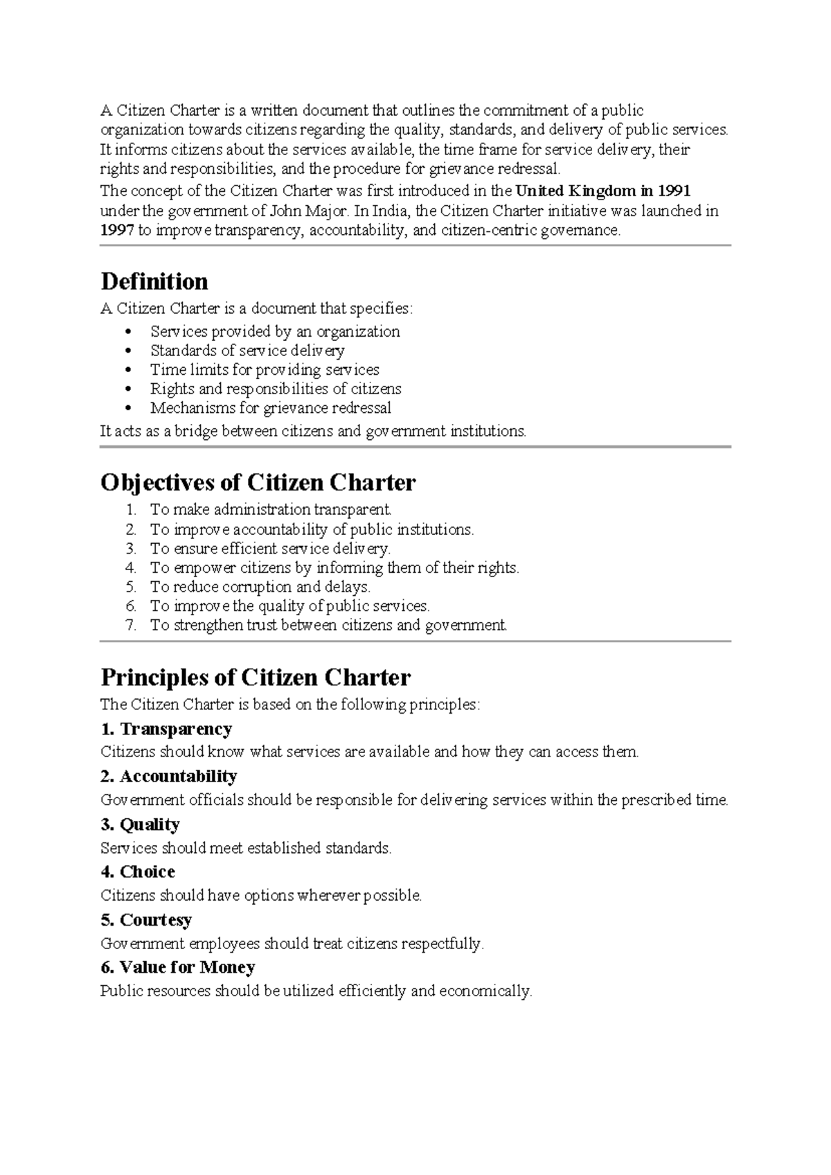 Citizen Charter Overview: Principles & Objectives (Doc 19) - Studocu