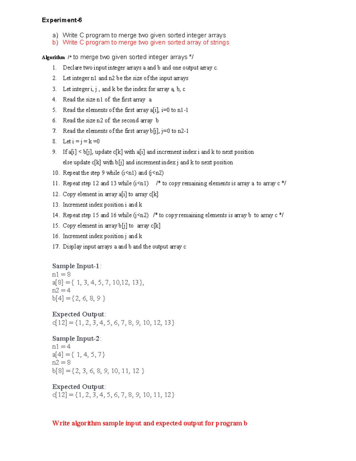Computer programming lab exp -2 - Experiment- a) Write C program to merge two given sorted ...