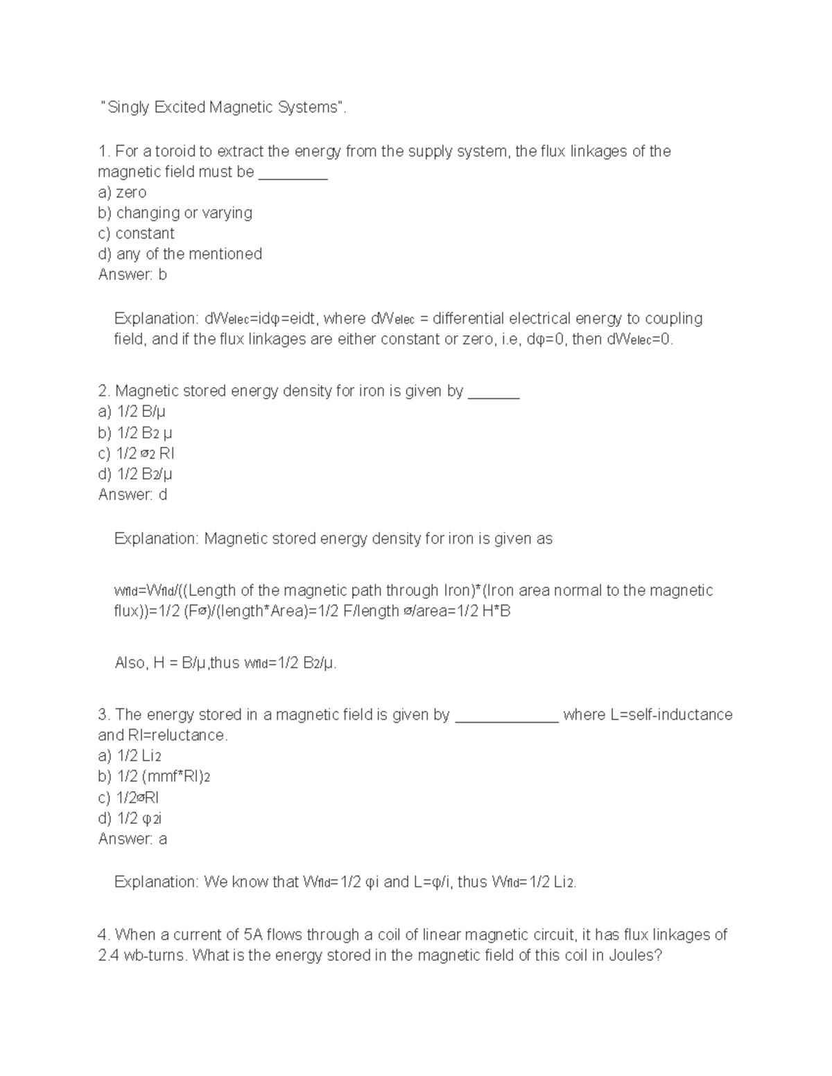 Electrical Machine MCQ: Understanding Singly Excited Magnetic Systems ...