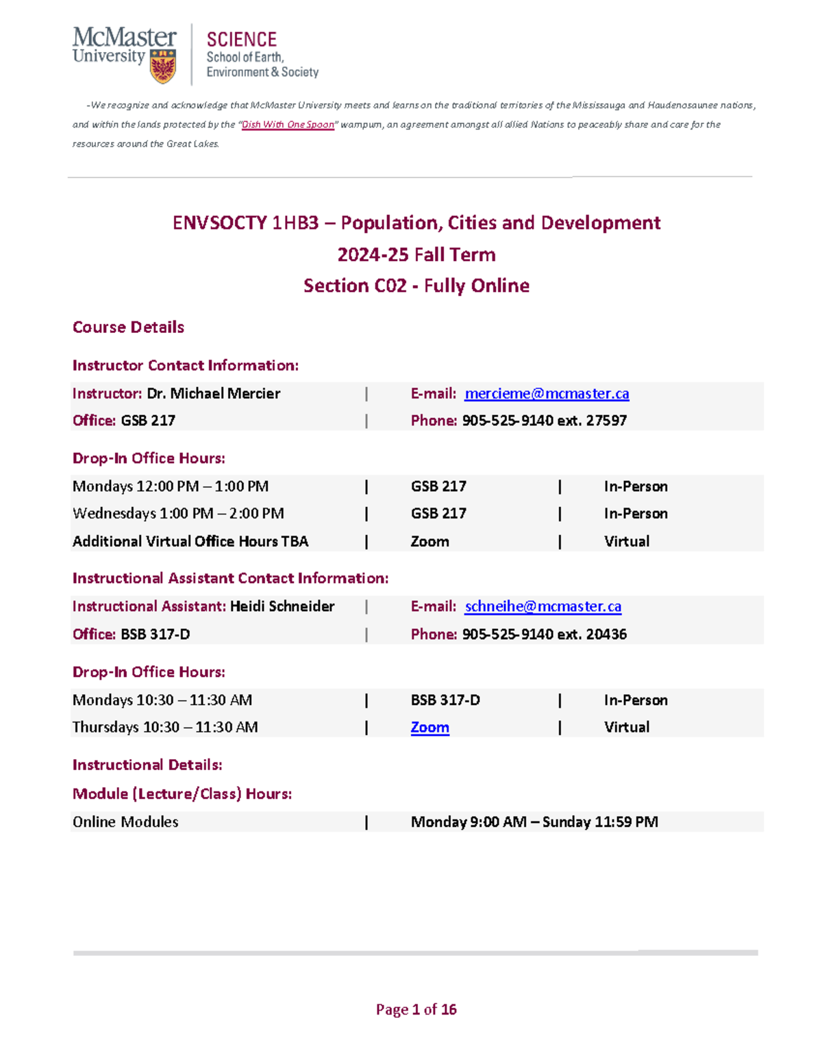 ENVSOCTY 1HB3 C02 - 2024-25 Fall Term Course Outline (Online) - Studocu